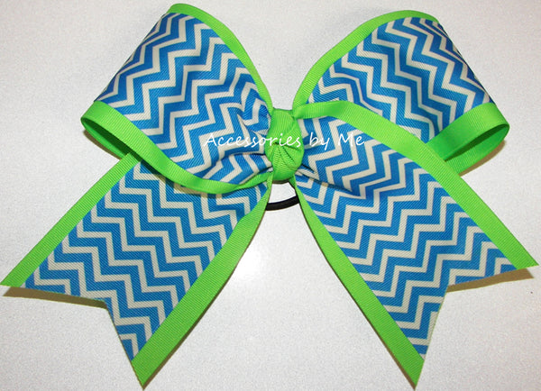 Chevron Blue Neon Green Cheer Bow, Turquoise Blue Neon Green Cheer Bow ...