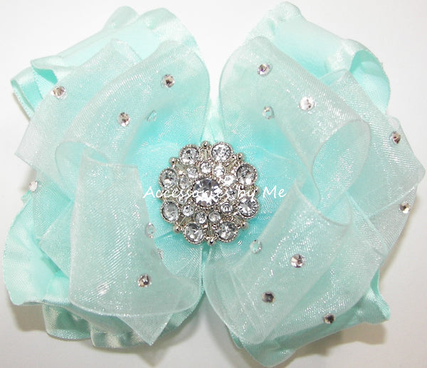 Glitzy Aqua Ruffle Hair Bow, Aqua Ruffle Bow, Turquoise Pageant Bows ...