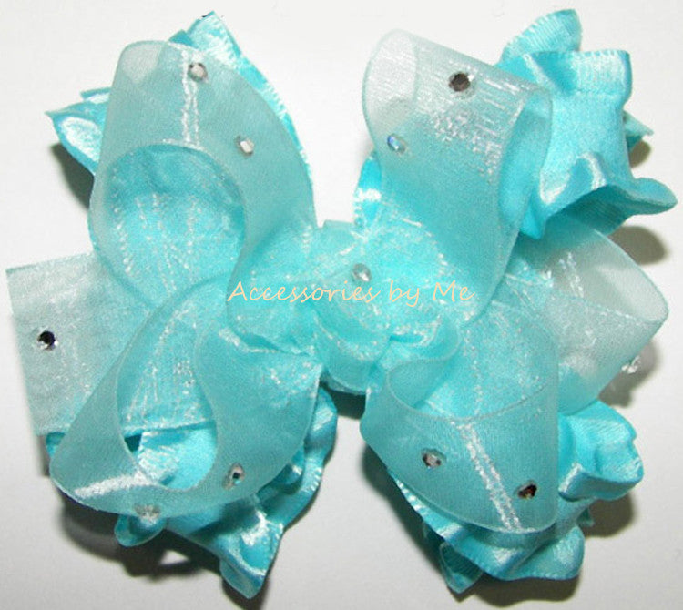 Glitzy Turquoise Hair Bow, Turquoise Ruffle Bow Clip, Baby Ruffle Bow ...