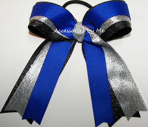Blue Black Cheer Bow, Royal Silver Black Ponytail Bow, Blue School Bow ...